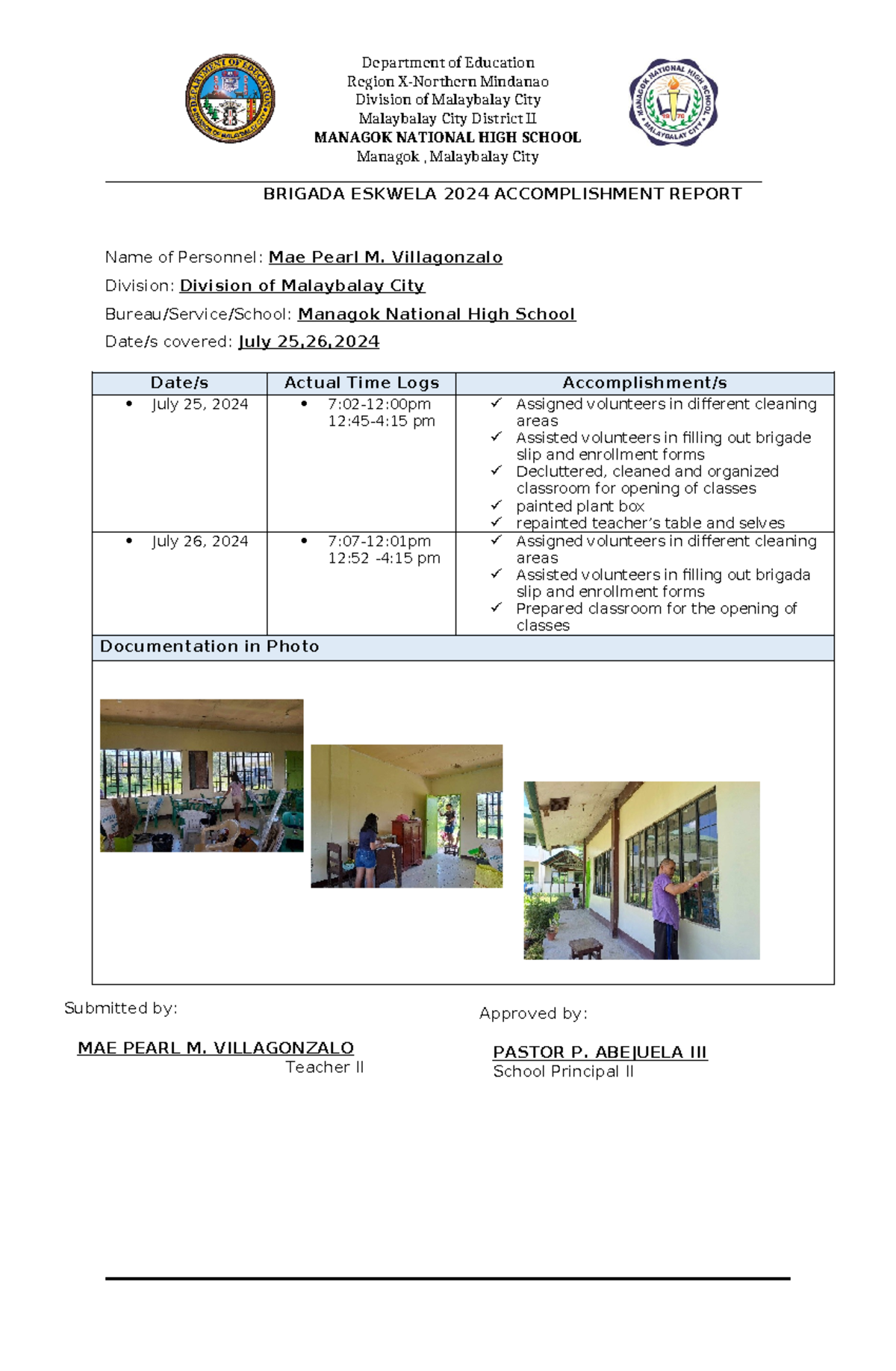 Brigada Eskwela 2024: Accomplishment Report - Managok NHS - Studocu