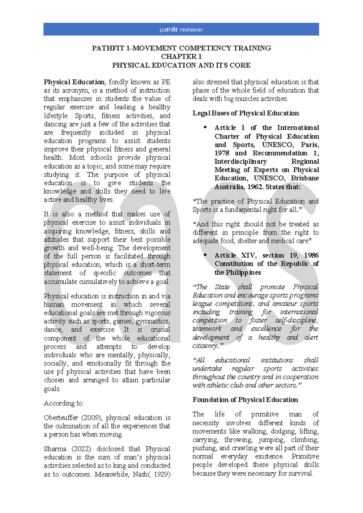 Pathfit 1 Handouts Chapter 1 - PATHFIT 1-MOVEMENT COMPETENCY TRAINING ...