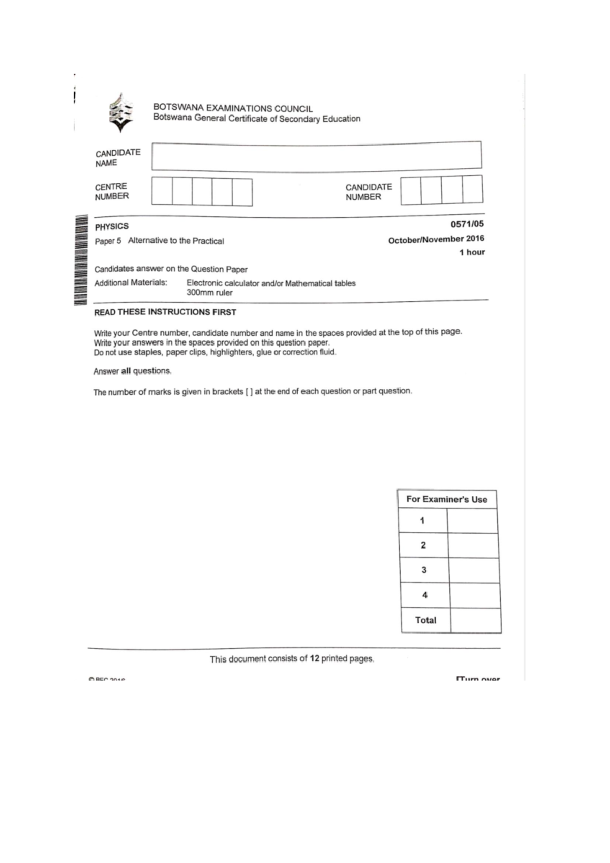 Physics Paper 5 Alternative to Practical - BEC 2016 Exam Guide - Studocu