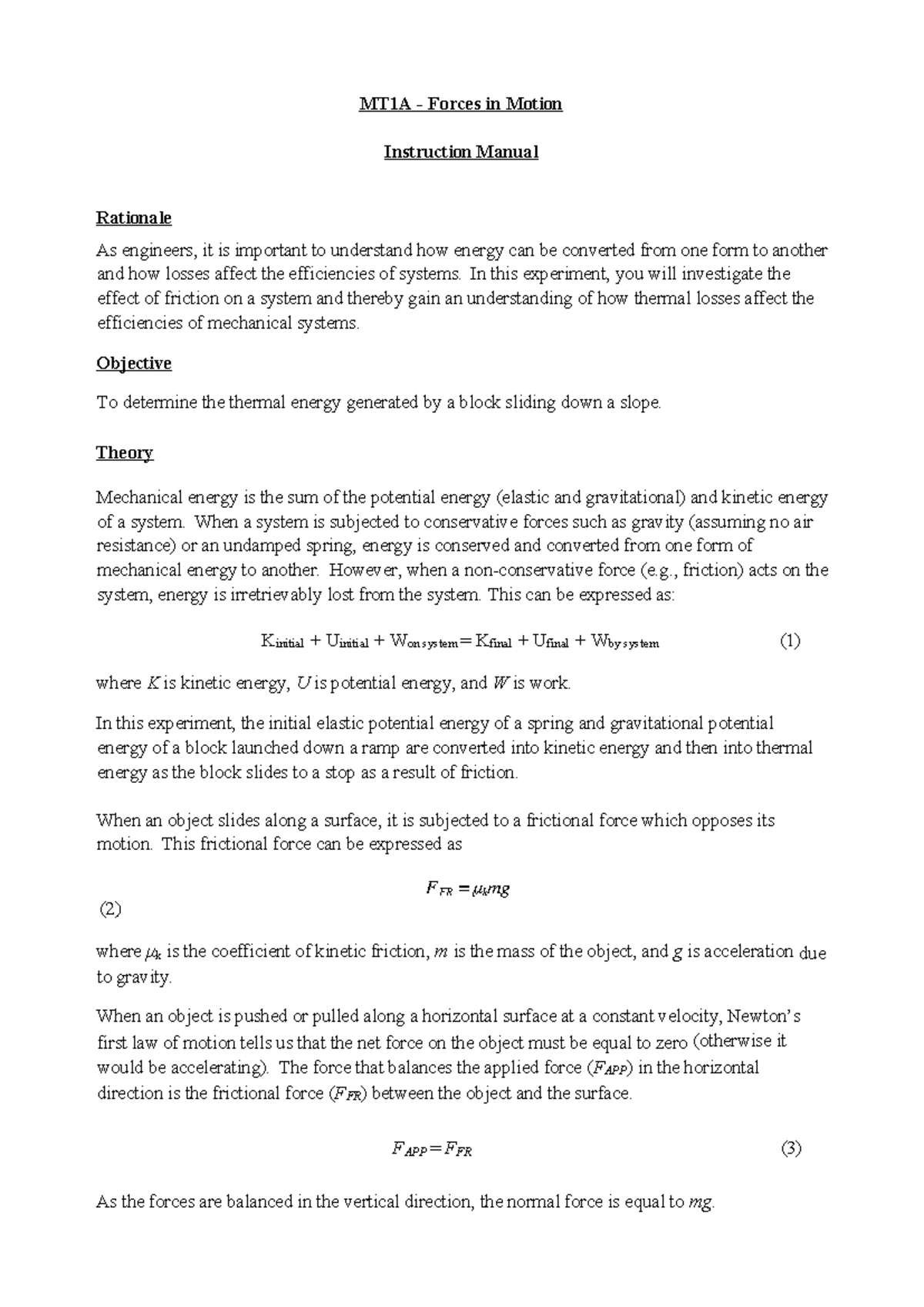 EGB 120 Practical 1: Investigating Forces in Motion and Friction ...