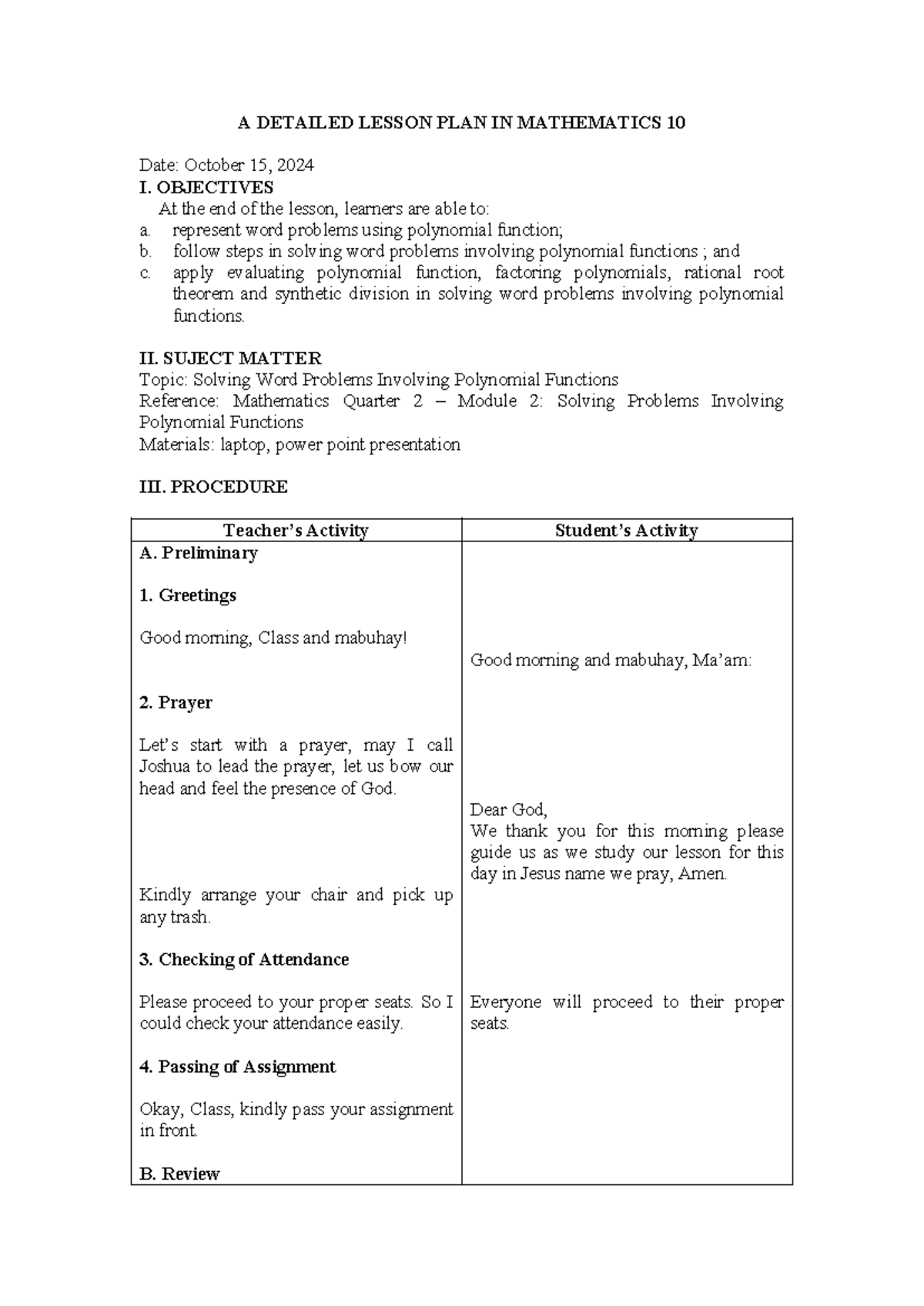 Mathematics 10 Lesson Plan: Solving Word Problems with Polynomials ...