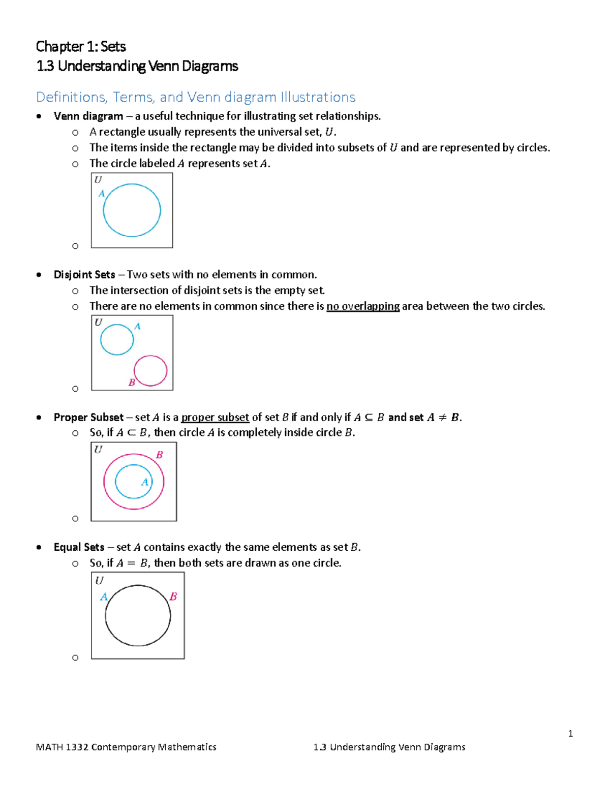 MATH 1332 Chapter 1.3: Understanding Venn Diagrams and Set ...