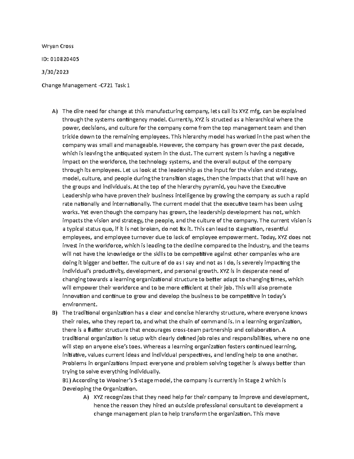 C721 Change Management - Transforming XYZ Manufacturing Company - Studocu