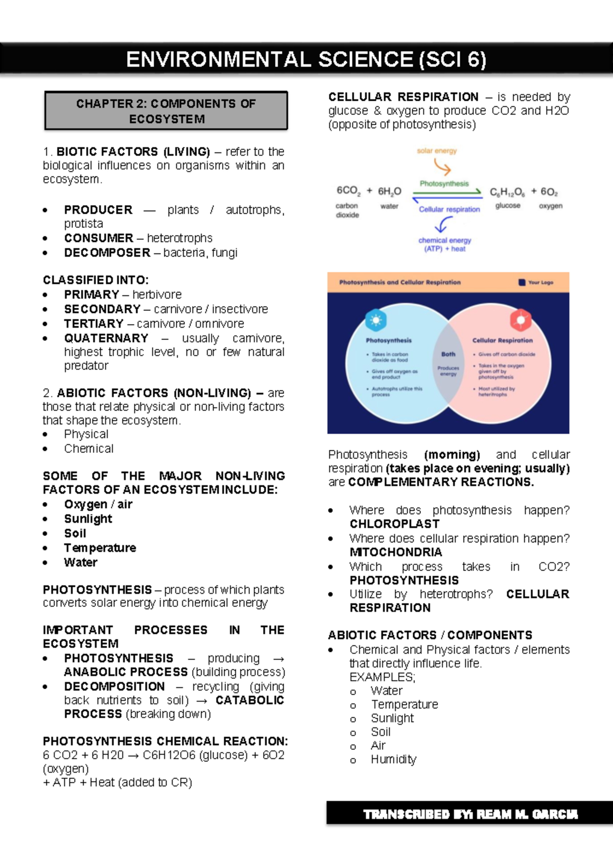 ENVIRONMENTAL SCIENCE (SCI 6) CHAPTER 2: ECOSYSTEM COMPONENTS ...