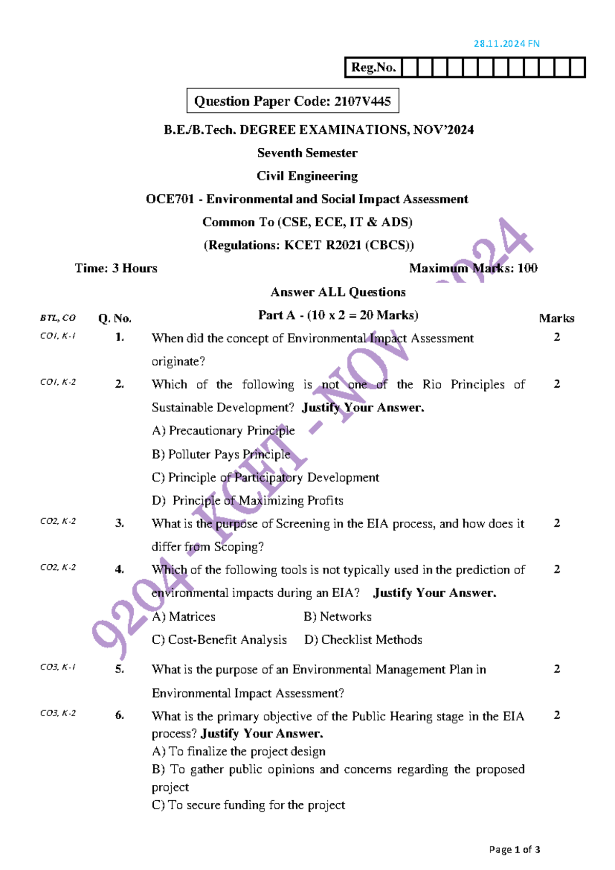 OCE701 Environmental & Social Impact Assessment Exam Paper - Nov 2024 ...