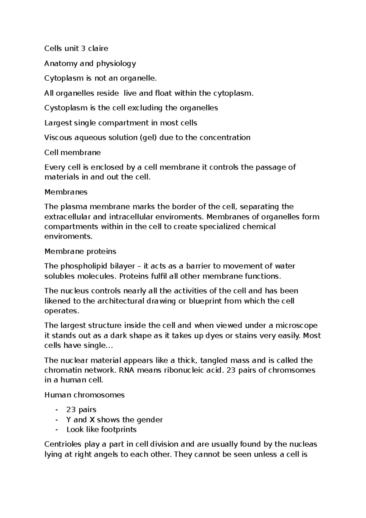 Cellls revision unit 3 - my class notes - Cells unit 3 claire Anatomy ...