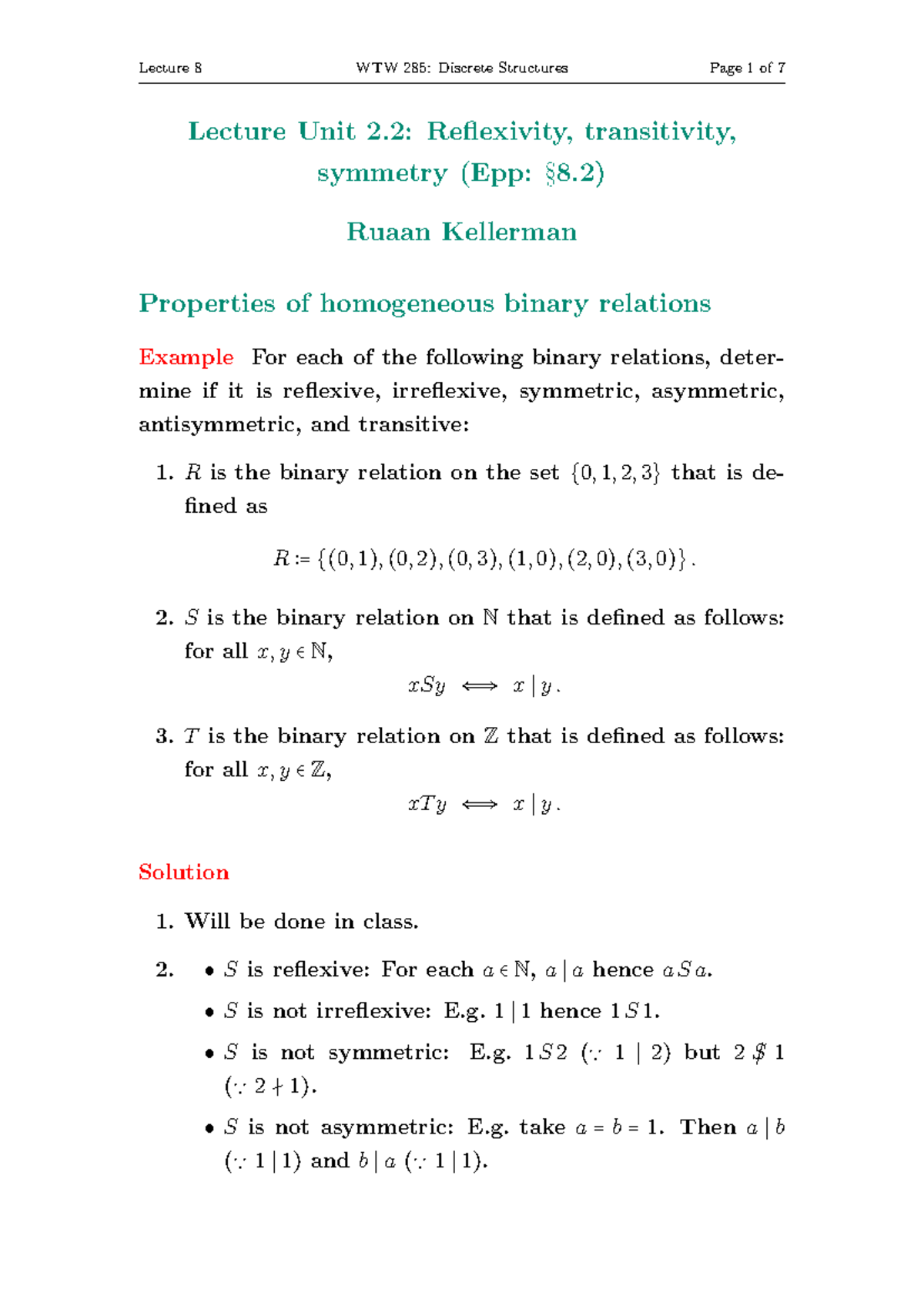 Lecture 8 WTW 285: Discrete Structures - Binary Relations & Equivalence - Studocu