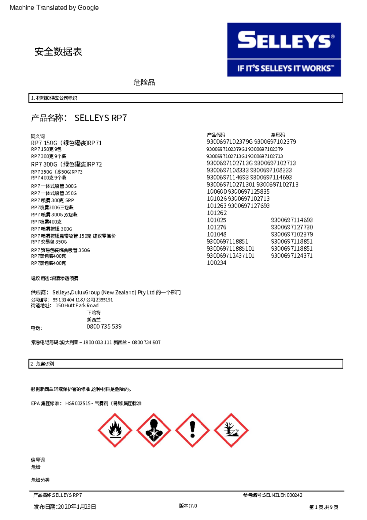 MSDS RP7: SELLEYS RP7 Safety Data Sheet (SDS) Overview - Studocu