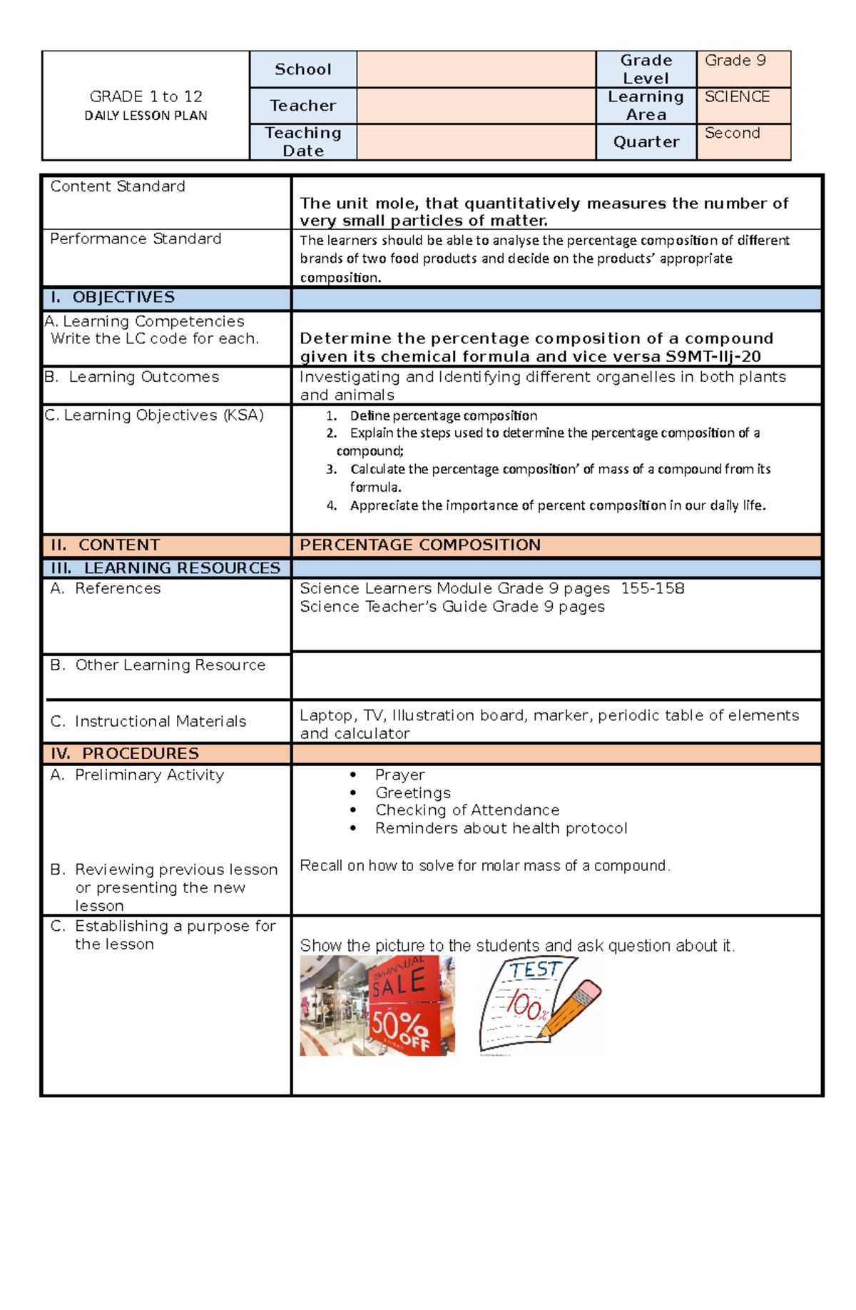Grade 9 Science Lesson Plan: Analyzing Percentage Composition - Studocu