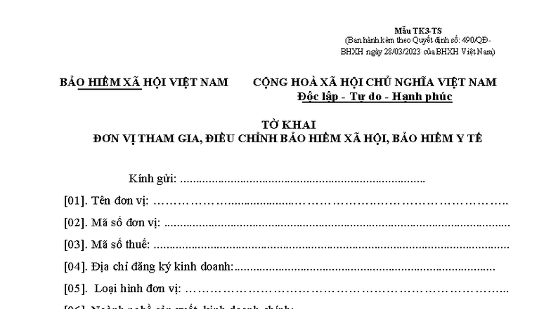 Mẫu TK3-TS: Đơn Vị Tham Gia Bảo Hiểm Xã Hội Việt Nam - Studocu