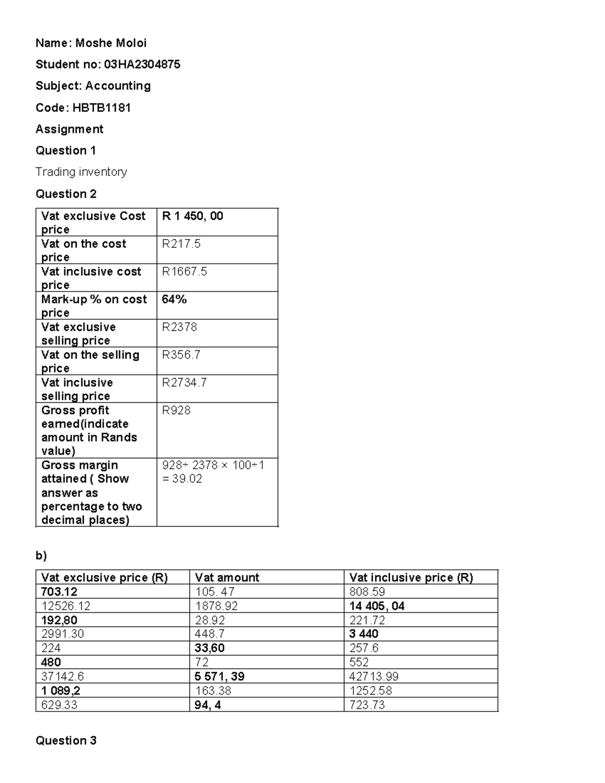HBTB1181 Accounting Assignment: Trading Inventory & VAT Analysis - Studocu