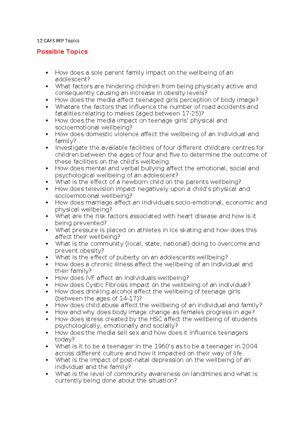 12 CAFS IRP Topics: Notes for HSC 2024 - Research Overview and Insights ...