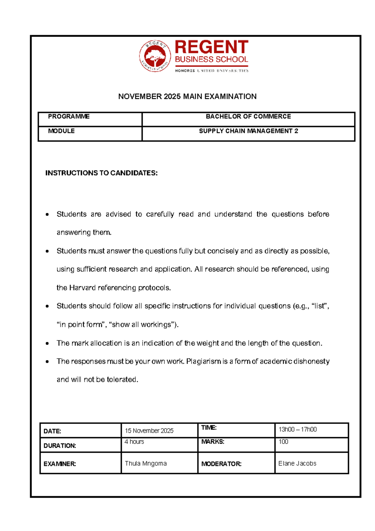 BCOM Supply Chain Management 2 - NOV 2025 MAIN EXAMINATION PAPER - Studocu