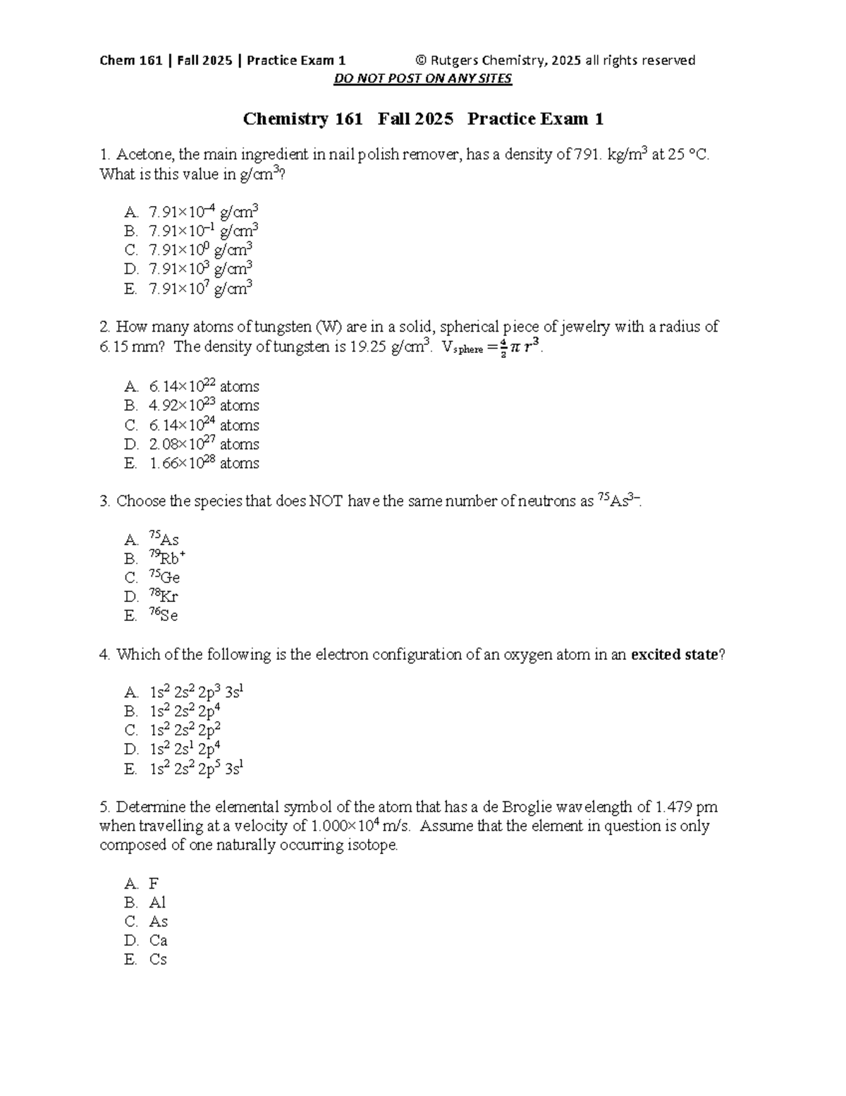 Chem 161 Fall 2025 Practice Exam 1 - Rutgers University - Studocu