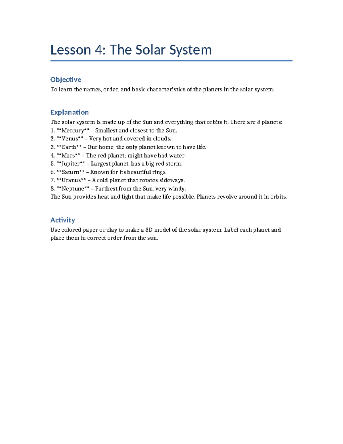 Lesson 4: Exploring the Solar System and Its Planets - Studocu