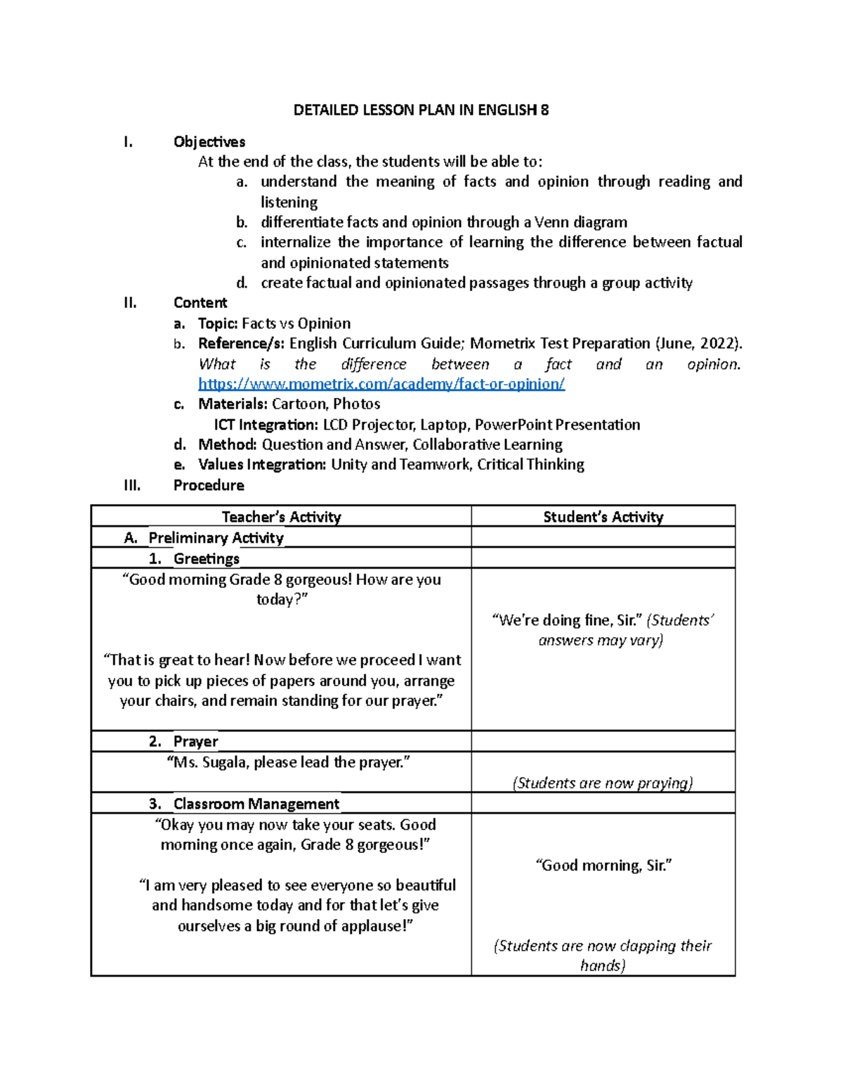 Final-DODO-DLP - A detailed lesson plan of the topic Facts vs Opinion ...