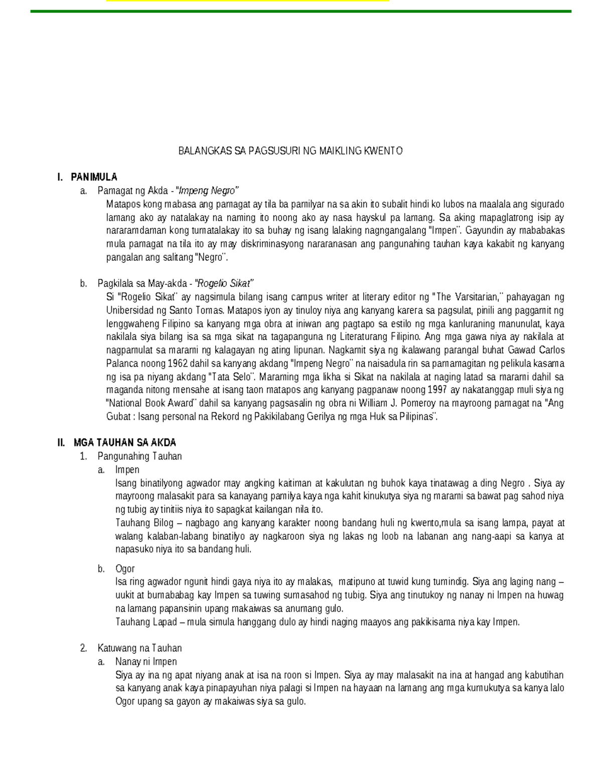 Pagsusuri ng Maikling Kwento: "Impeng Negro" (FIL-101) - Studocu