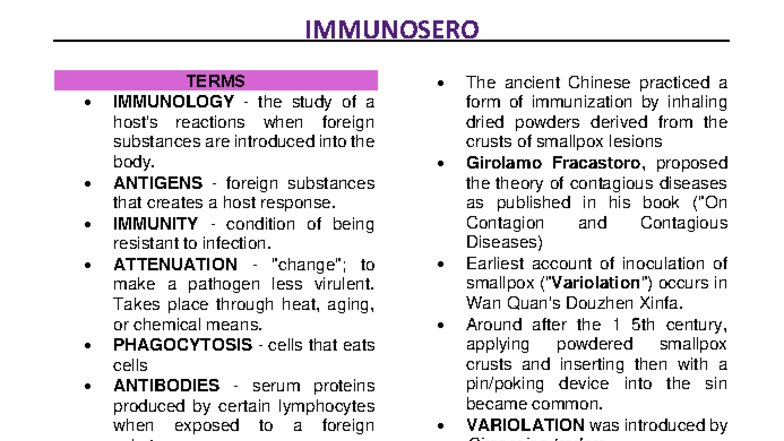 IMMUNOSERO NOTES: A Comprehensive Study of Immunology Concepts - Studocu