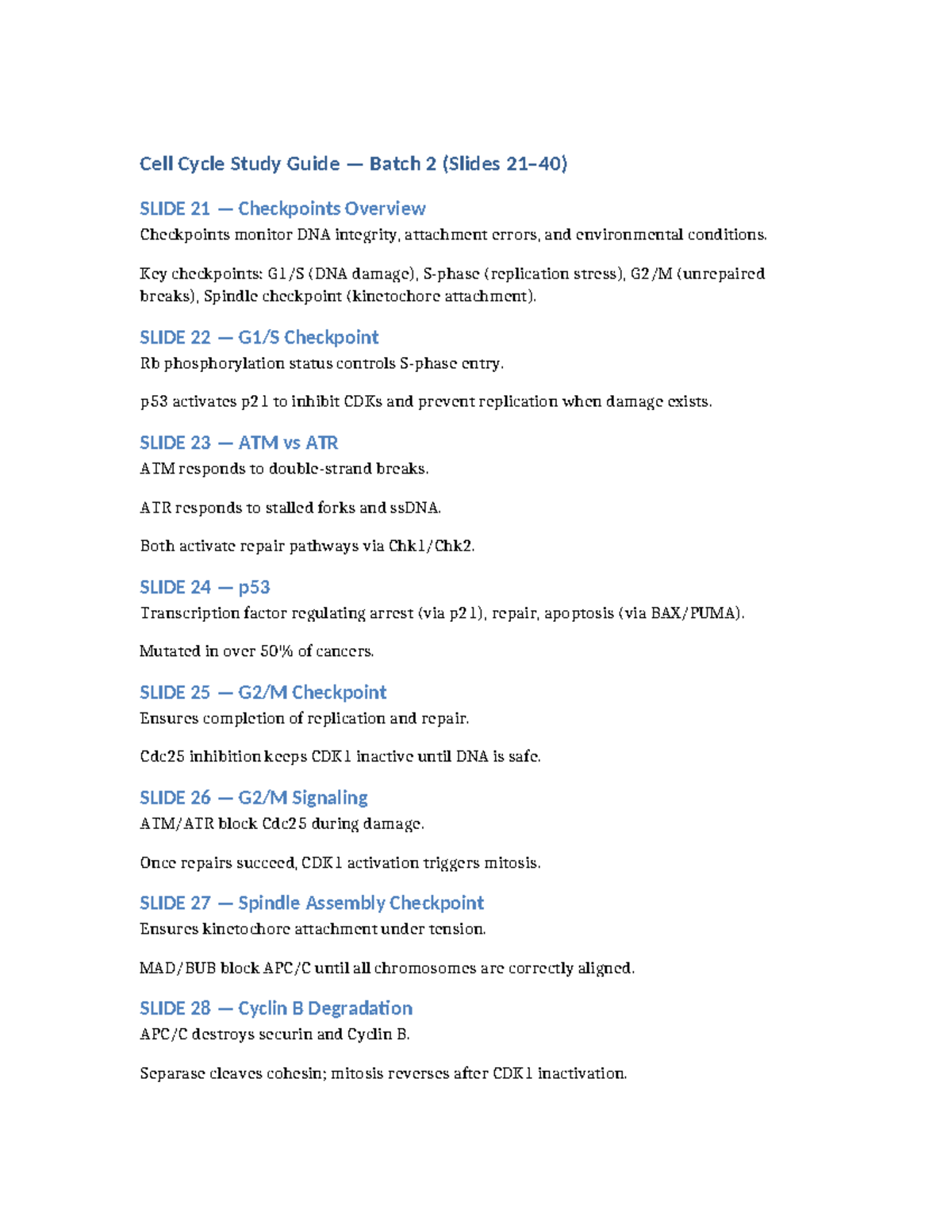 Cell Cycle Study Guide (Batch 2) - Slides 21-40 Overview - Studocu