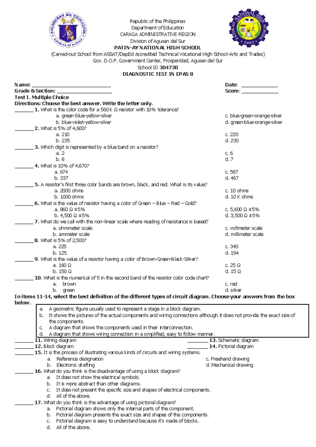 EPAS Diagnostic Test: 1st Quarter Practice Exam Review - Studocu