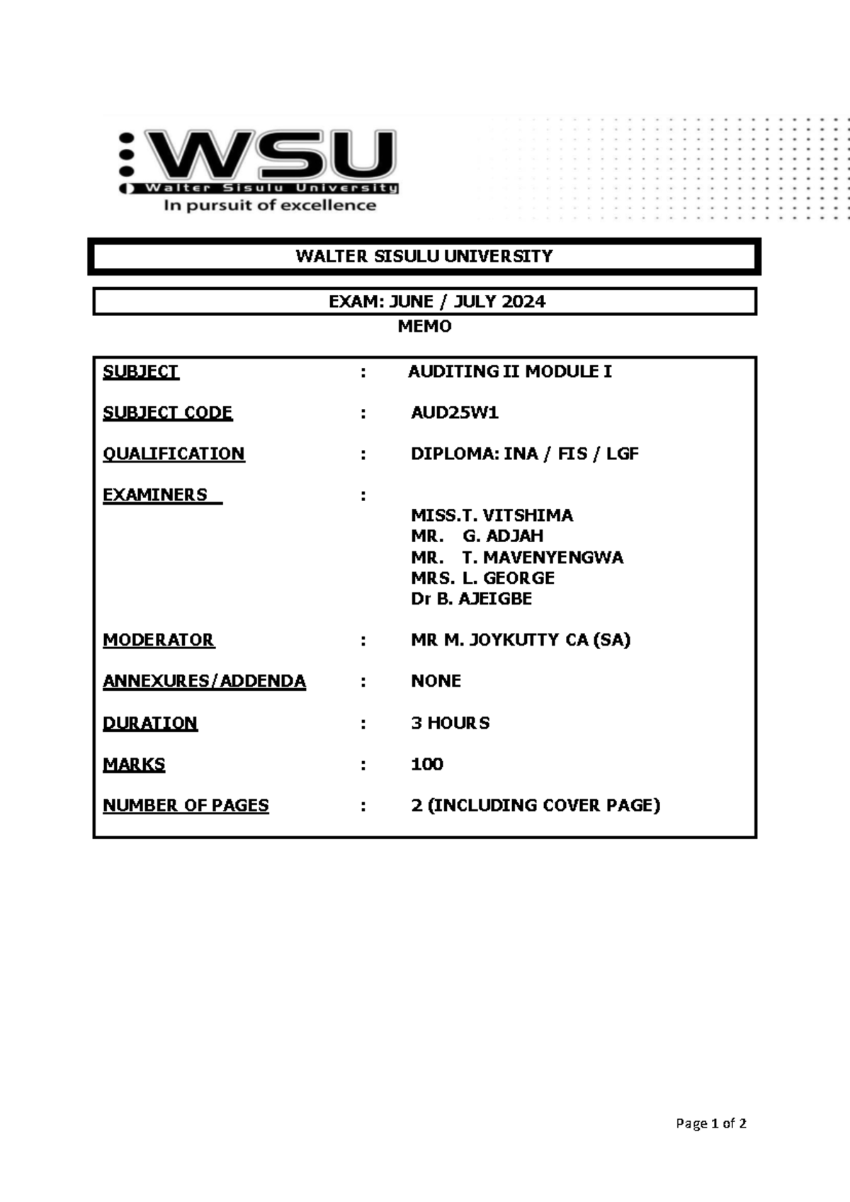 AUD25W1 Final Exam Memo: Auditing II June/July 2024 - Studocu