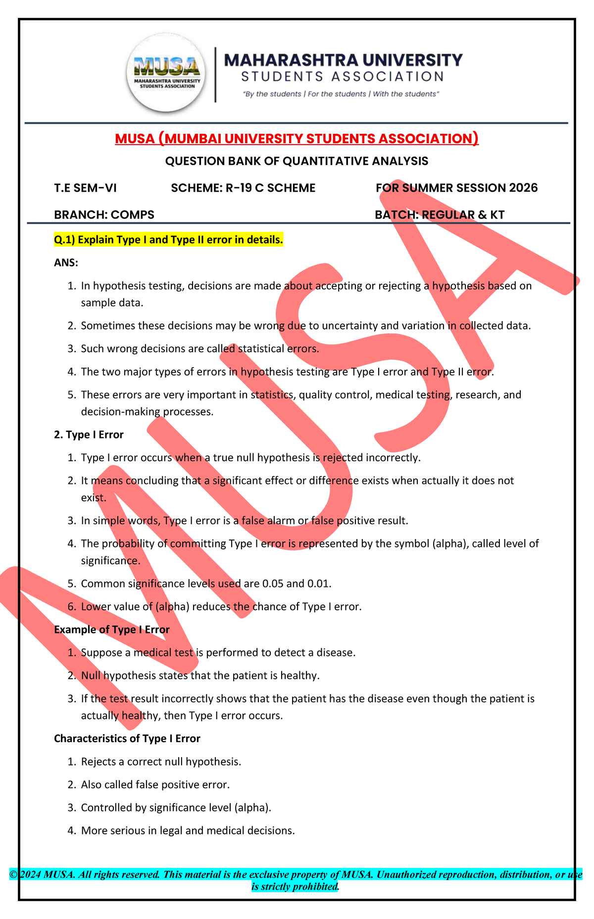 MUSA T.E. Quantitative Analysis Question Bank for Summer 2026 - Studocu