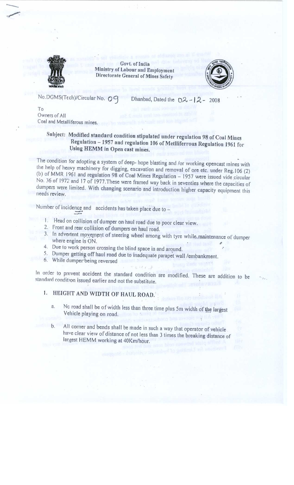 DGMS Tech Circular No. 9/2008: Modified Standards for HEMM Safety - Studocu