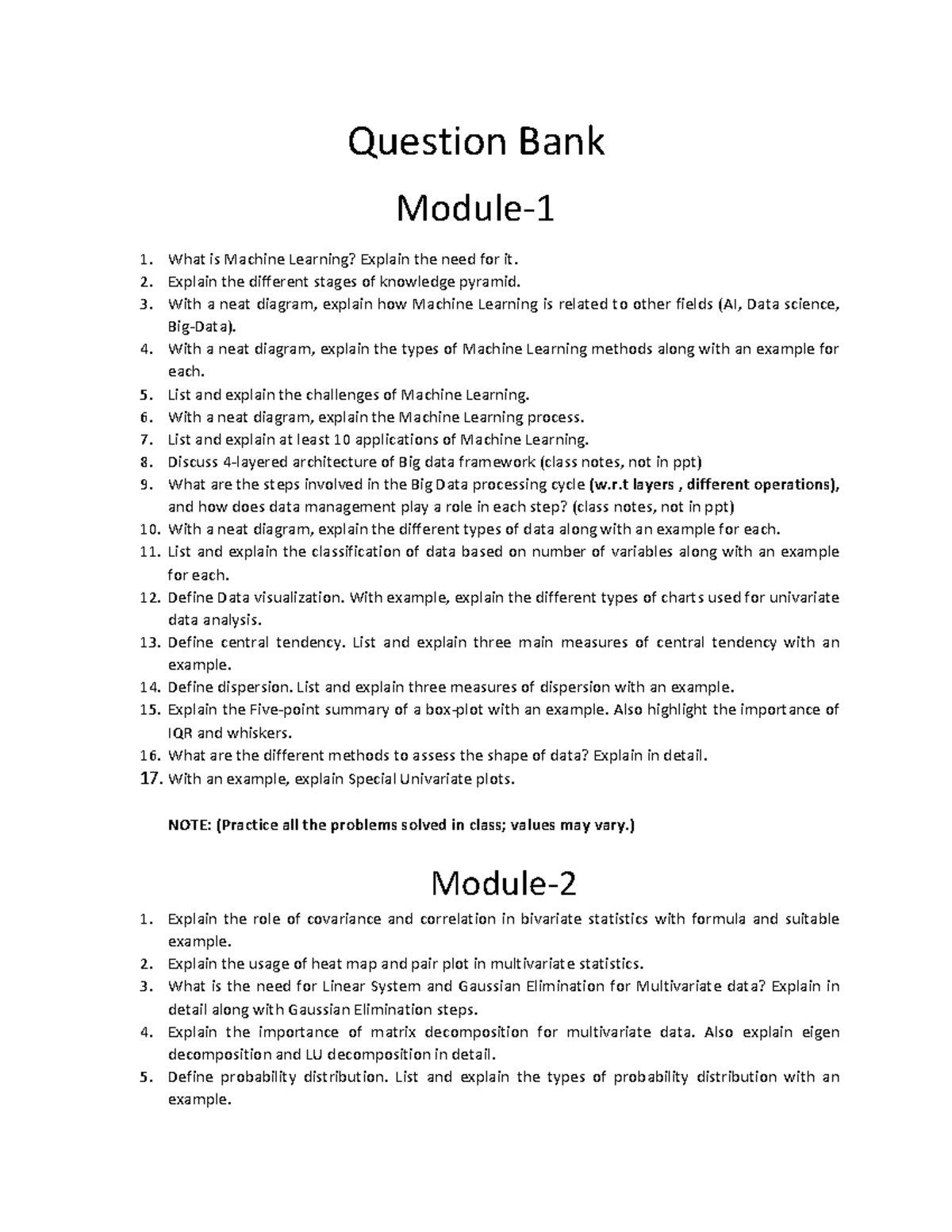 Question Bank (ML 1st IA): Key Concepts and Applications in Machine ...