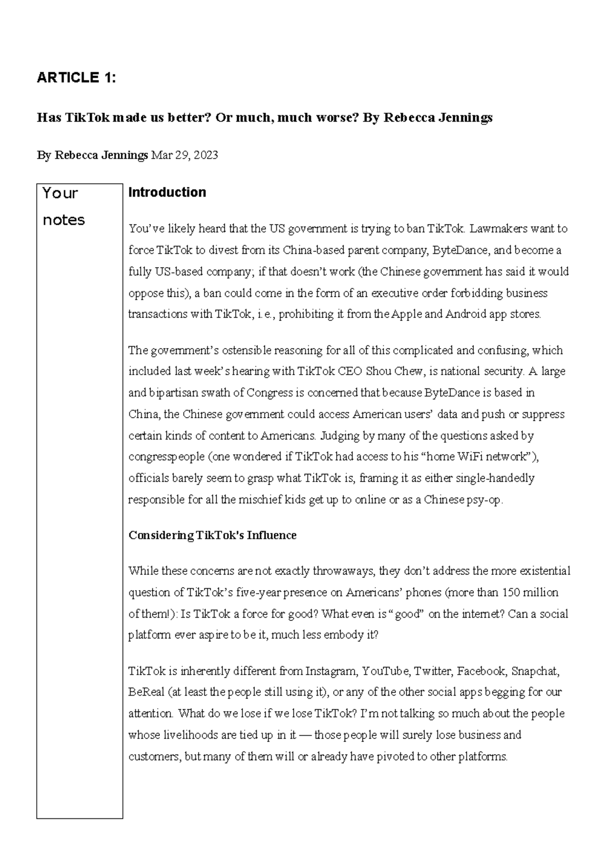 TikTok Exam - Analysis of Articles 20 on Impact & Behavior - Studocu