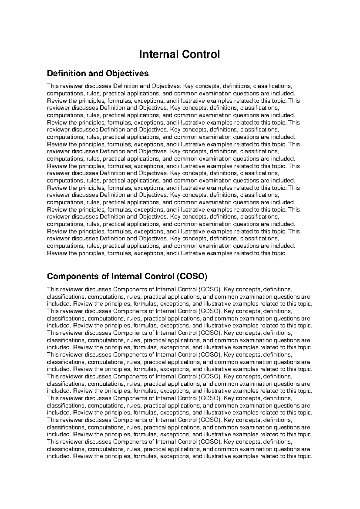 Internal Control Reviewer: Definitions, Objectives & Key Concepts - Studocu