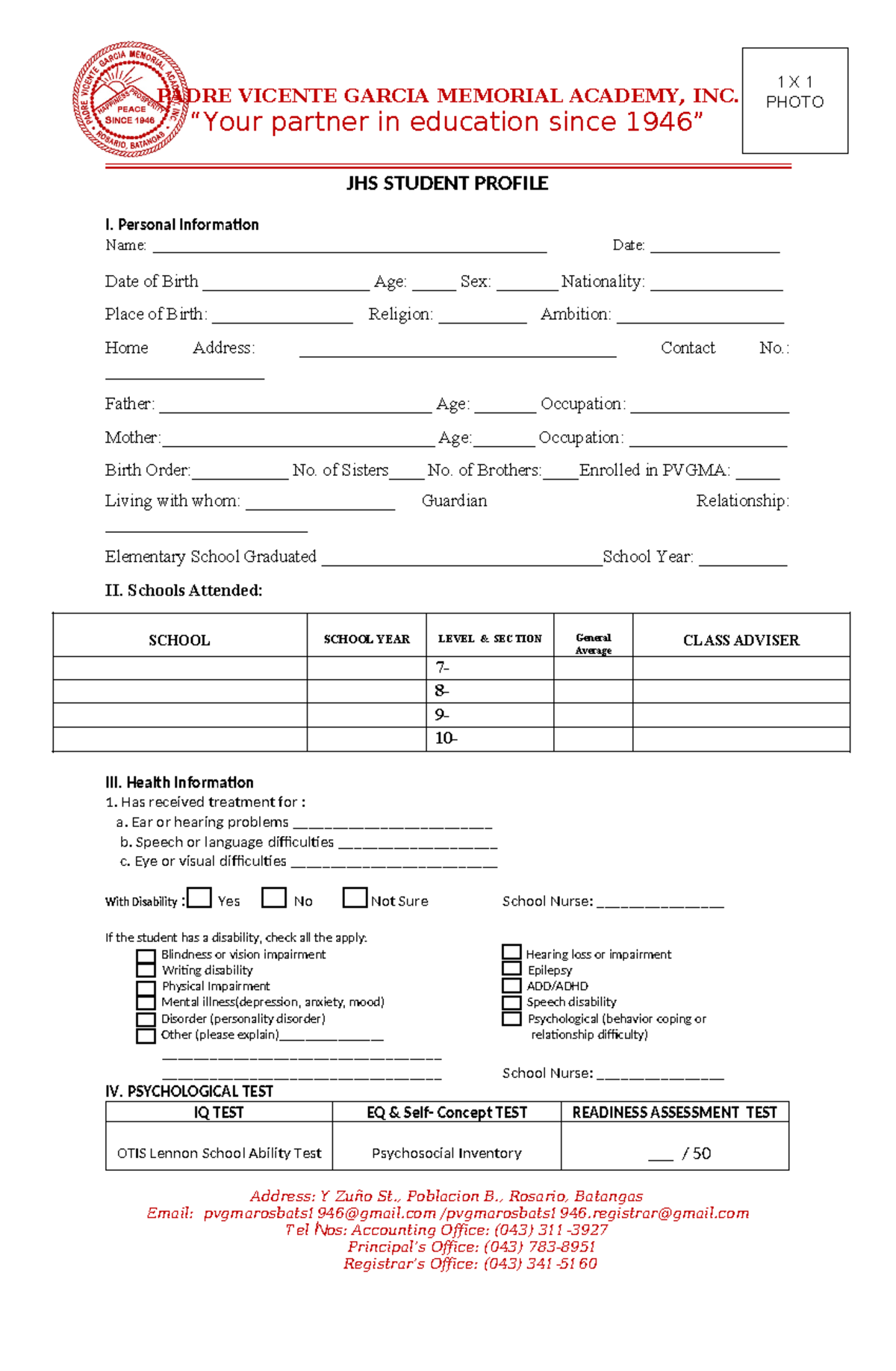 JHS-2024 - Student Profile and Health Information Guide - Studocu