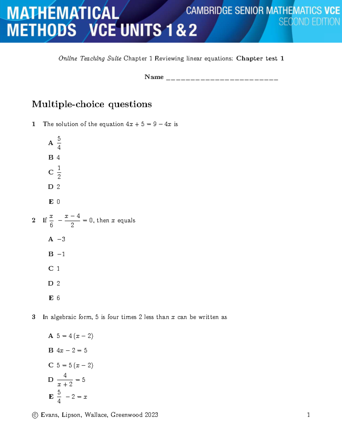 Online Teaching Suite MATH101 Chapter 1 Test: Linear Equations Review ...