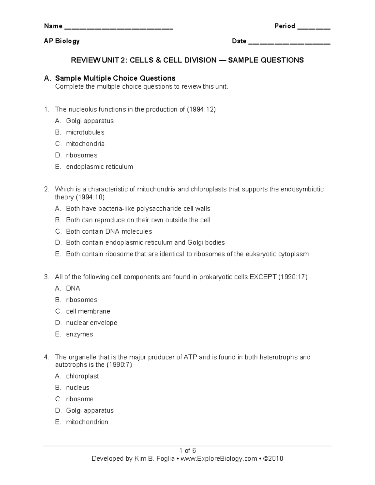 AP Biology Unit 2 Review: Cells & Cell Division Sample Questions - Studocu