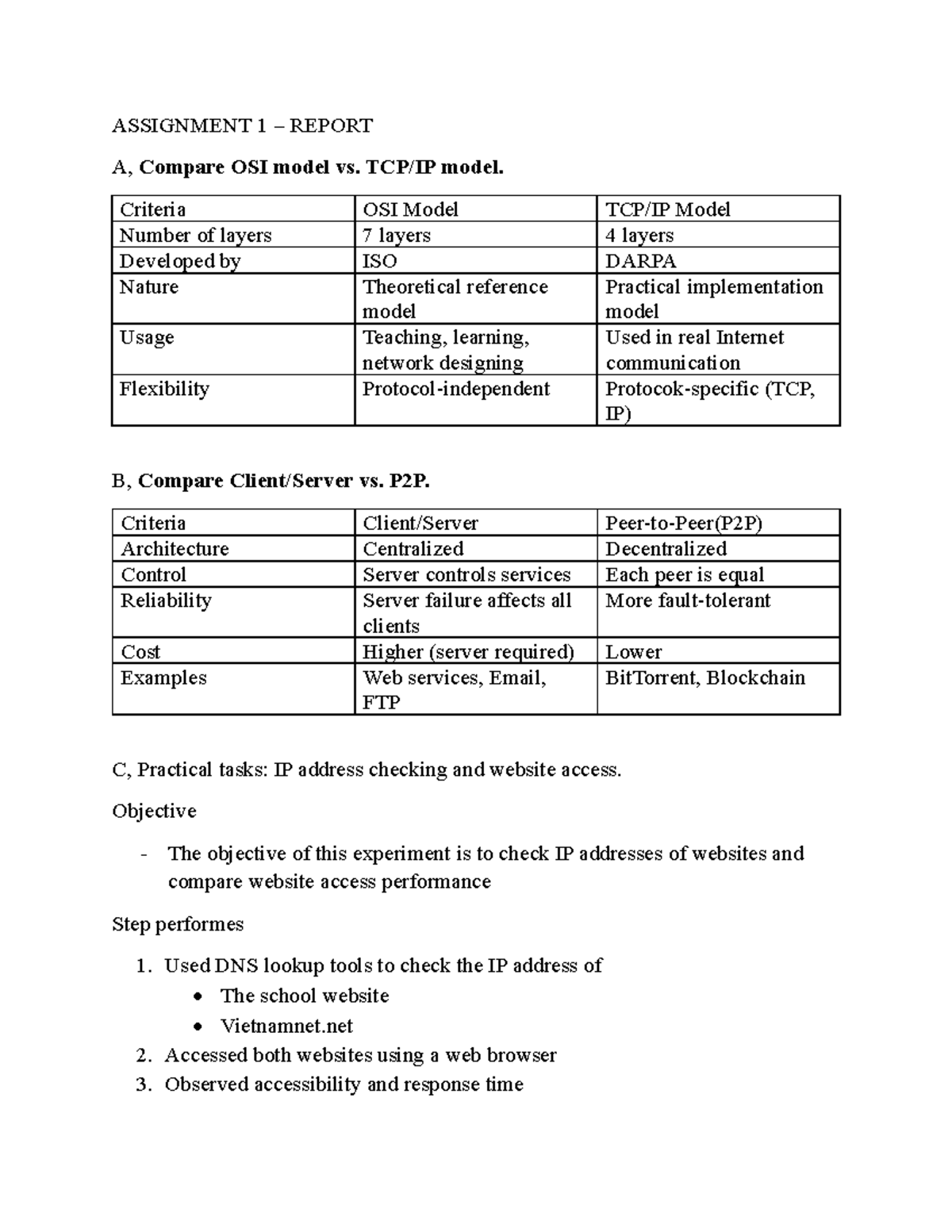 Assignment 1 Report: Comparing OSI Model, P2P, and Website Access - Studocu