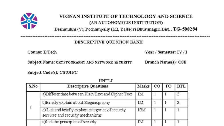 CSE CS701PC Question Bank: Cryptography & Network Security - Studocu