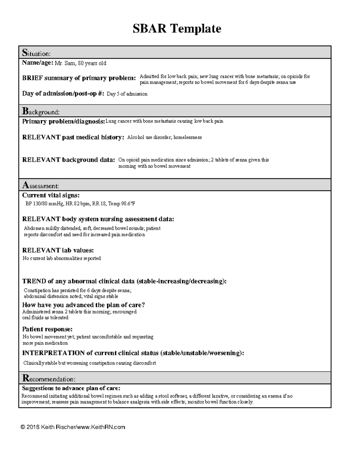 SBAR Template for Patient Care: Mr. Sam's Case (Keith RN) - Studocu