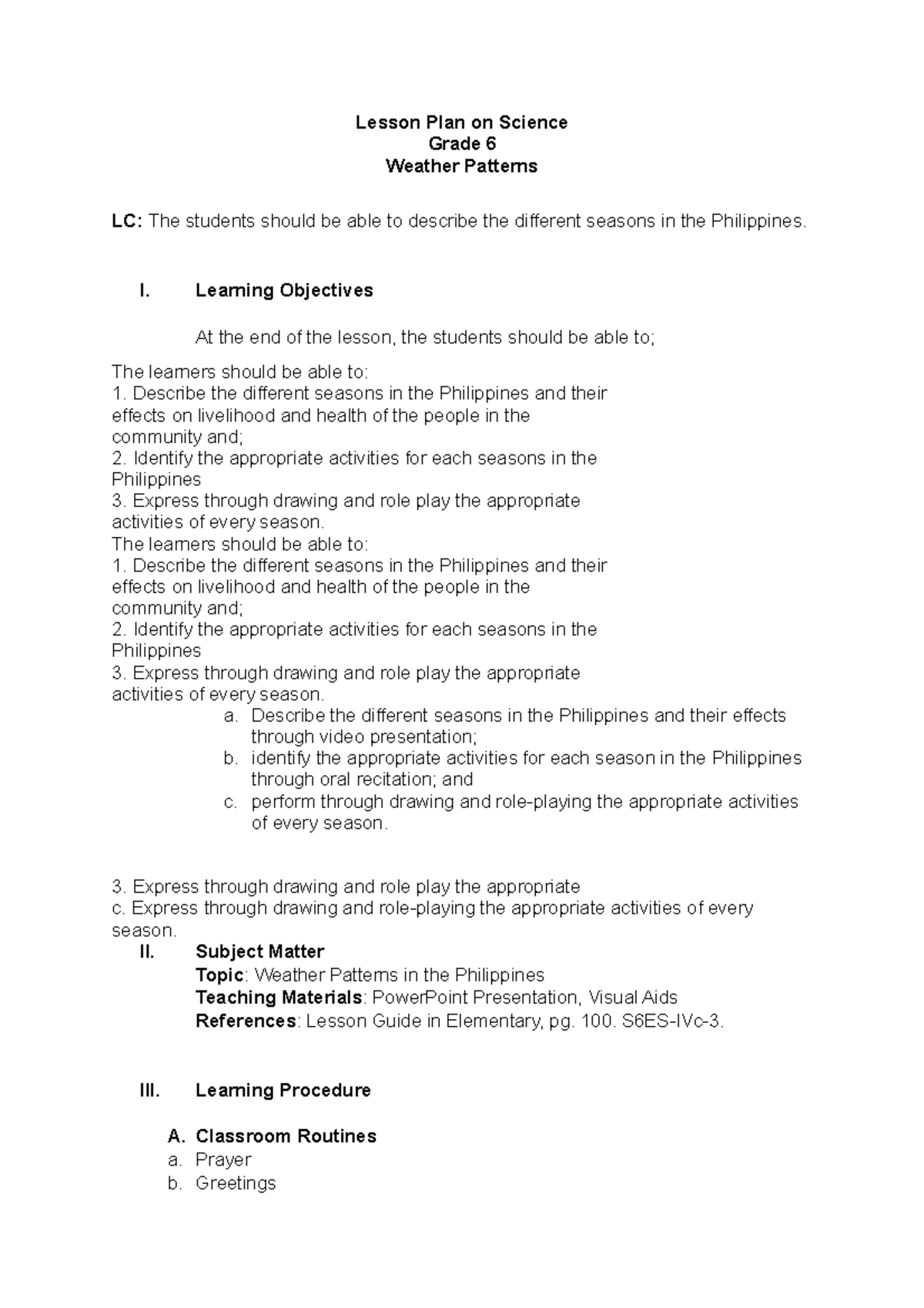 LP- Edscie 2- Weather Patterns Lesson Plan for Grade 6 - Studocu
