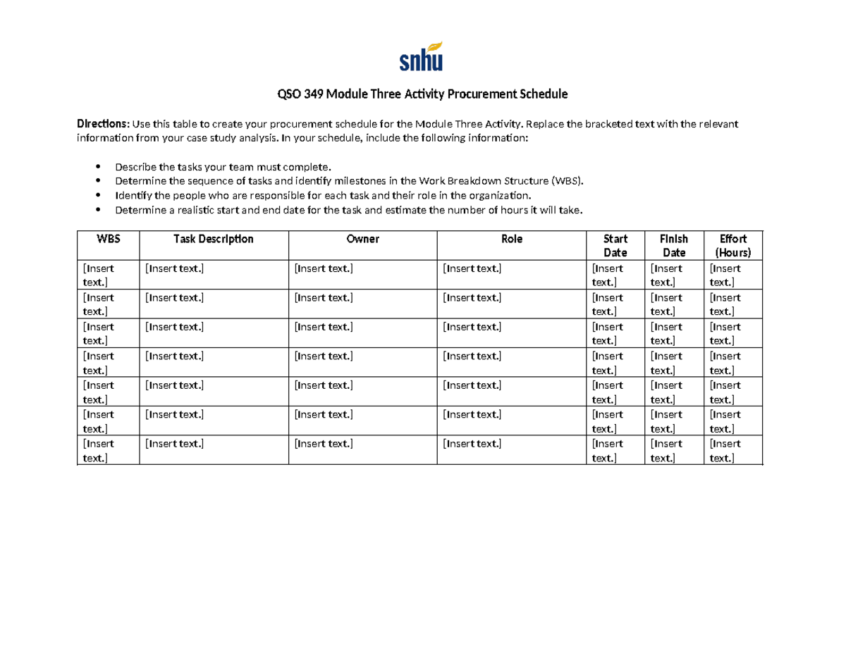 QSO 349 Module Three Activity Procurement Schedule - Replace the bracketed text with the ...