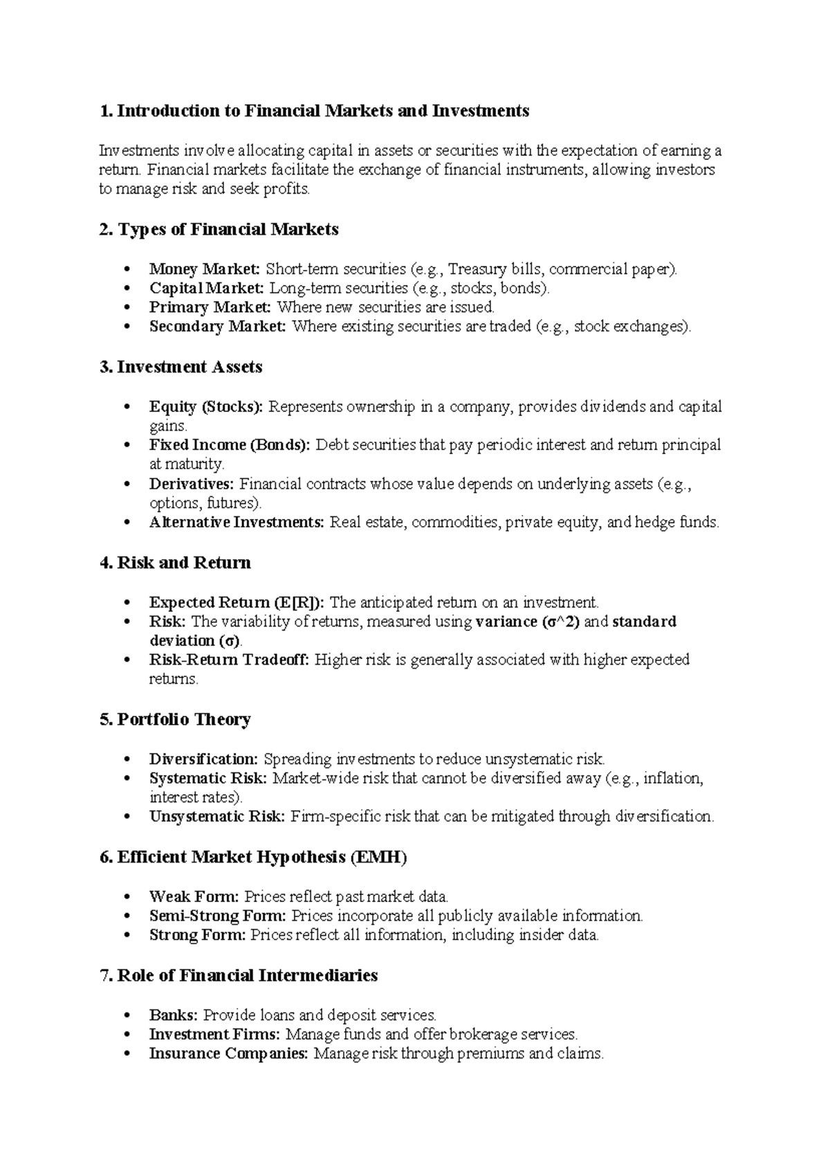 FIN3702- Lecture 1, notes - 1. Introduction to Financial Markets and ...