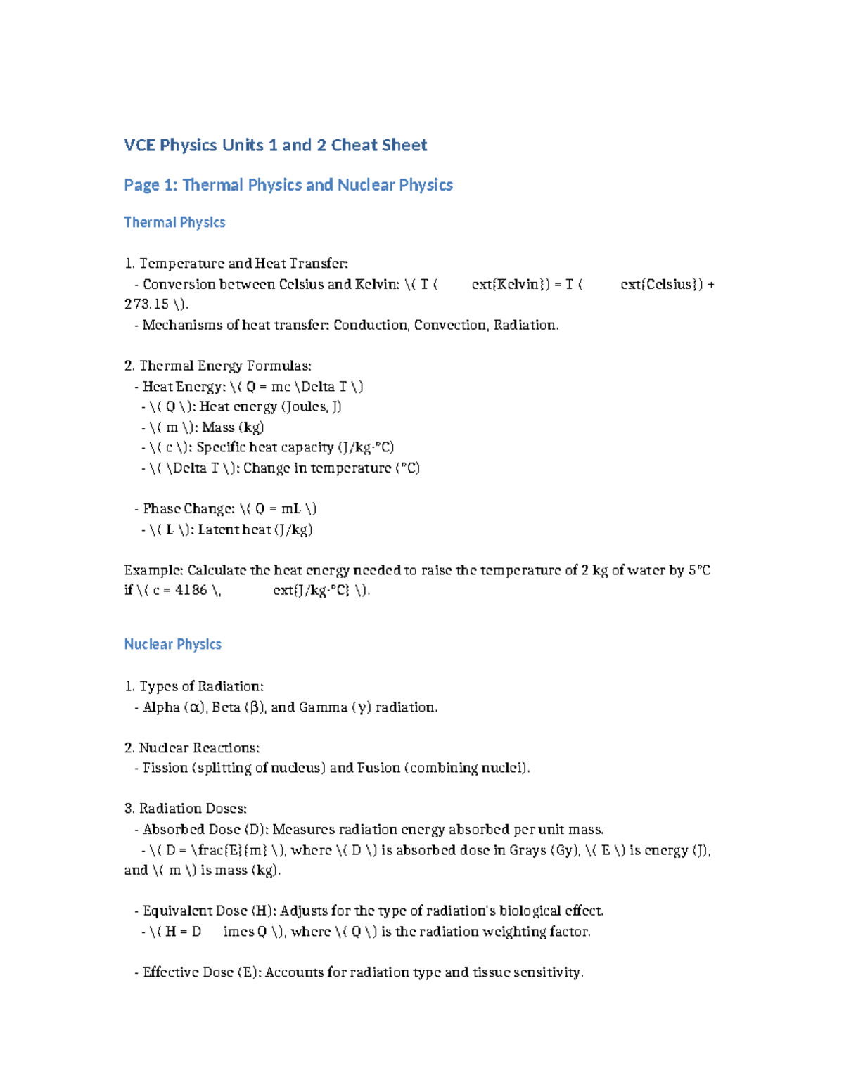 VCE Physics Units 1 & 2 Final Exam Cheat Sheet - Key Concepts Explained ...