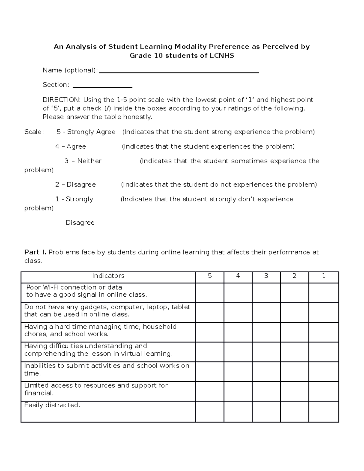 Grade 10 LCNHS Survey on Learning Modality Preferences - Studocu