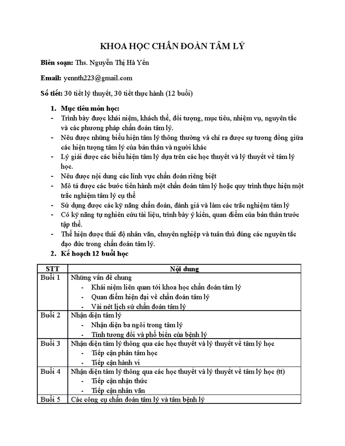 Syllabus for KHCĐTL - Chẩn Đoán Tâm Lý Course Overview - Studocu