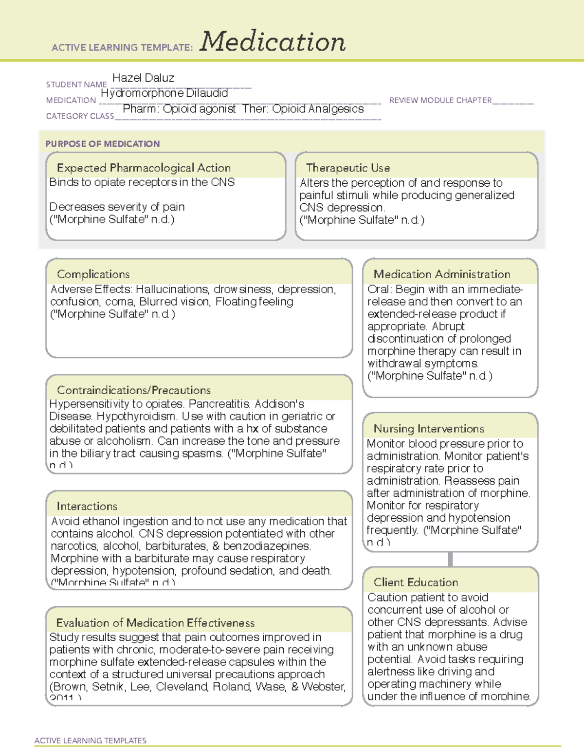 Morphine Medication Card: Active Learning Template for Nursing - Studocu