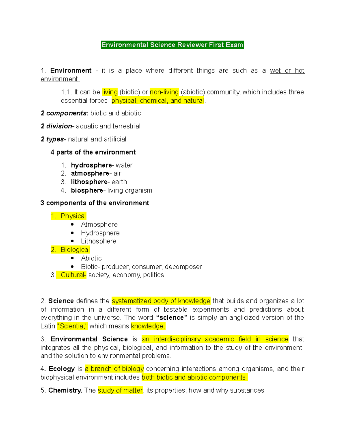 Environmental Science Review for First Exam (ENV 101) - Studocu