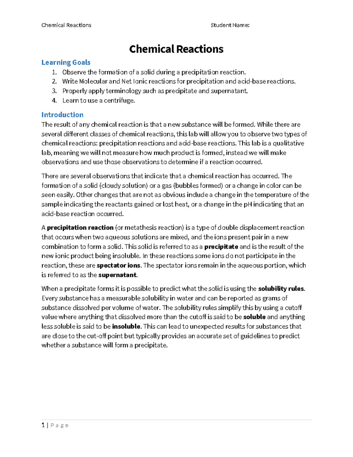 Chemical Reactions Lab: Precipitation & Acid-Base (CHEM 101) - Studocu