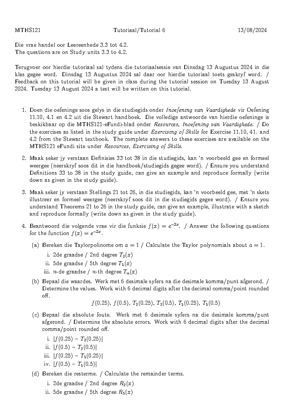 MTHS121 tutorial 6 2024 - MTHS121 Tutoriaal/Tutorial 6 13/08/ Die vrae ...