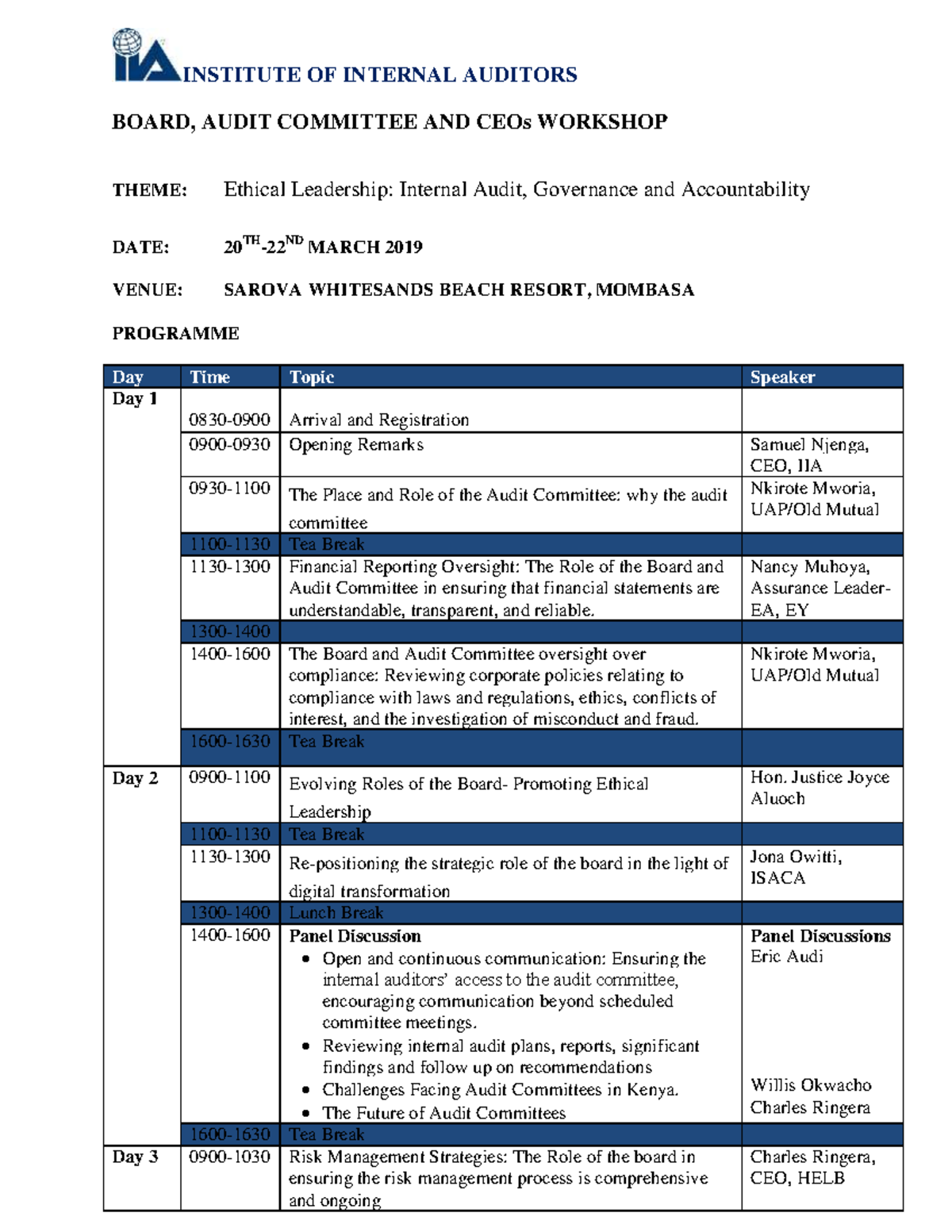 BAC Workshop Program 20-22 March - INSTITUTE OF INTERNAL AUDITORS BOARD ...