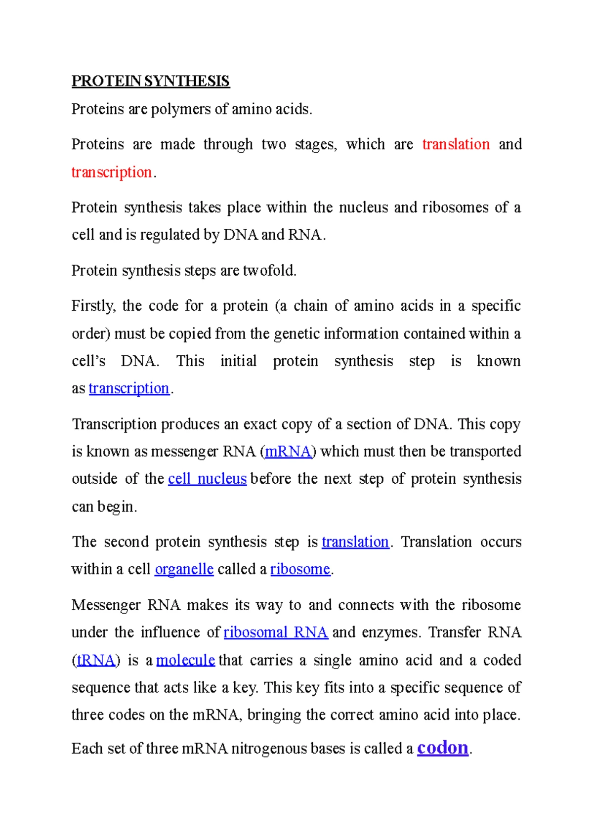 Protein Synthesis 2 - Lecture notes 1 - Transcription in Protein ...