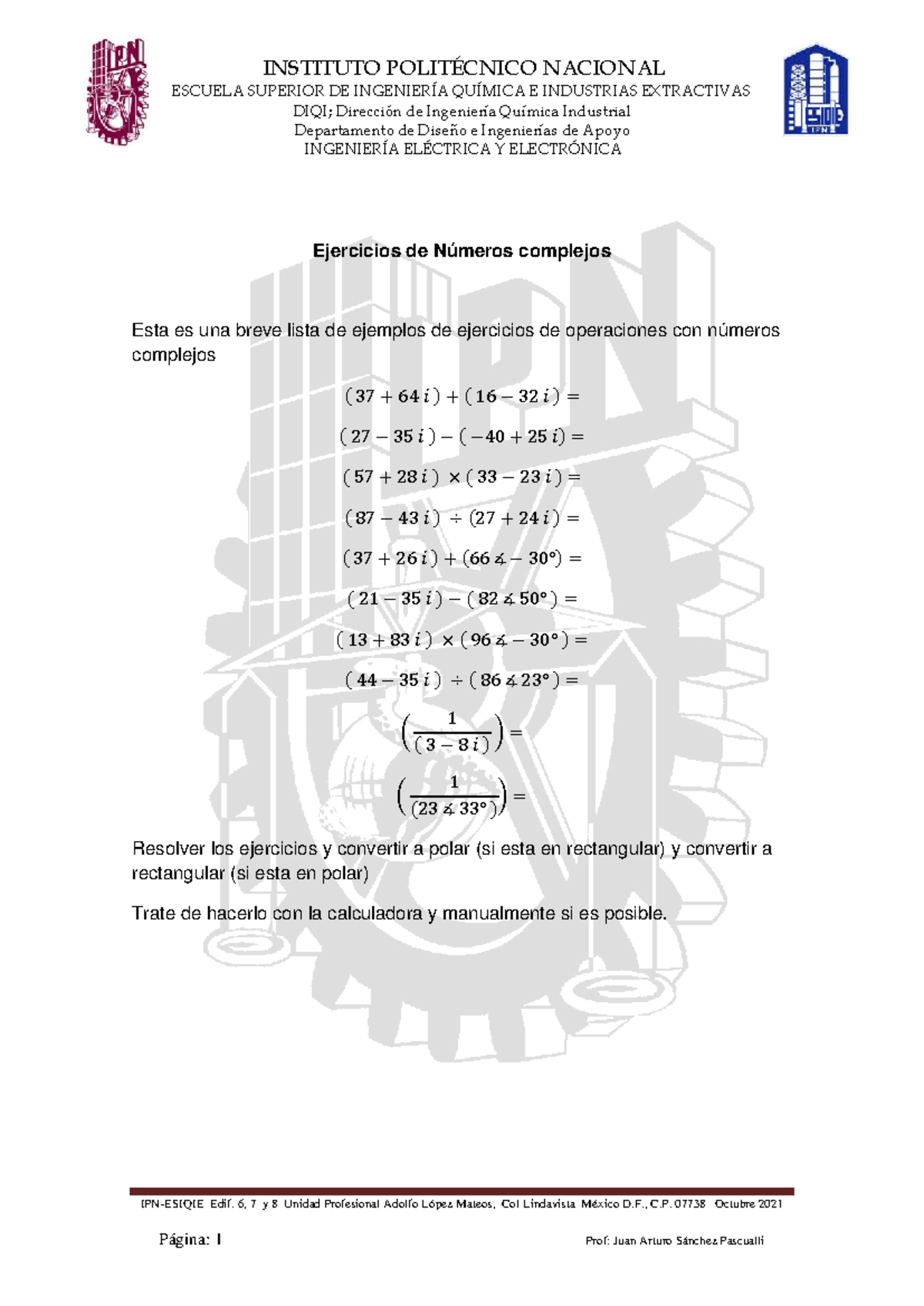 Ejercicios de Números Complejos - Tarea INE-2021 - Studocu