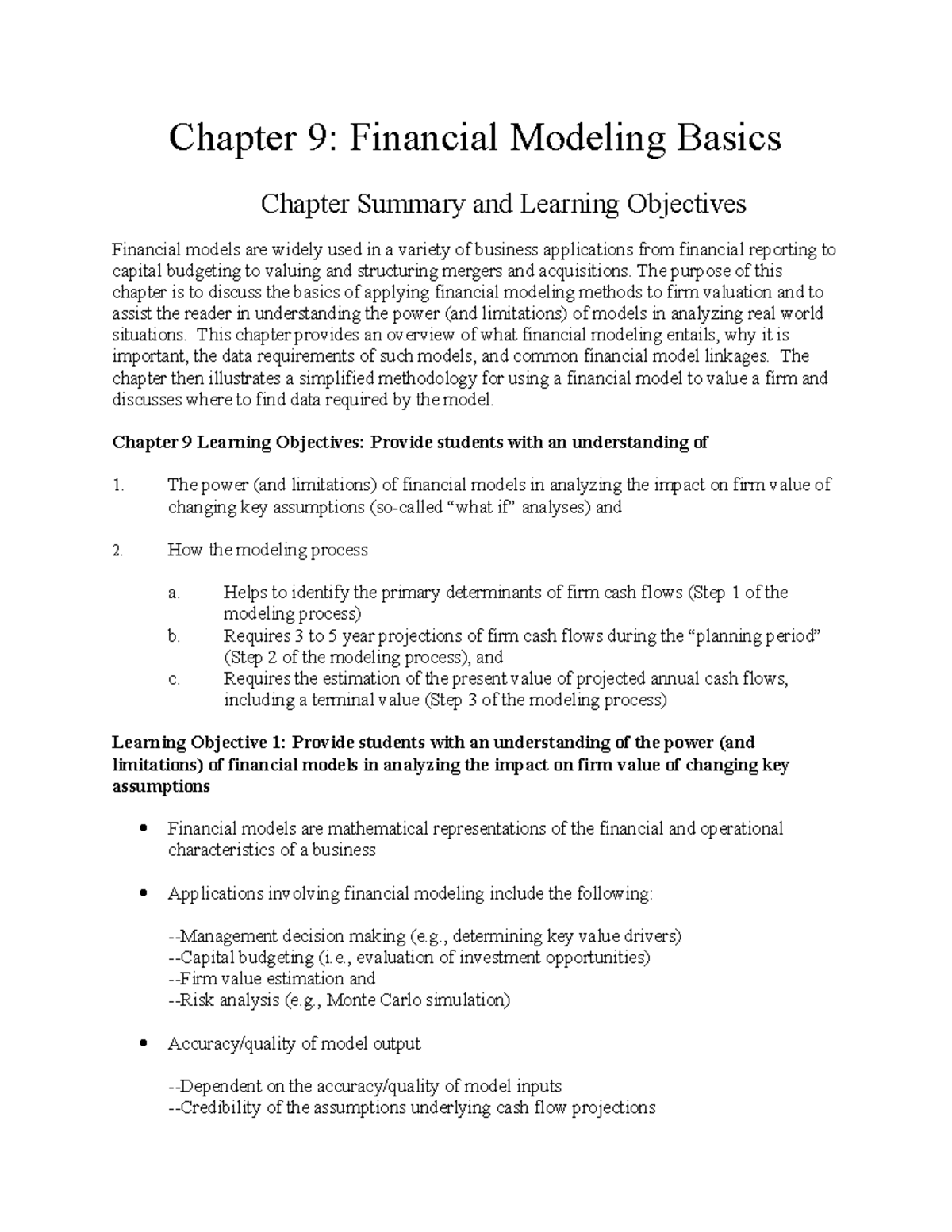 Chapter 9 Financial Modeling Basics - Chapter 9: Financial Modeling Basics Chapter Summary and ...